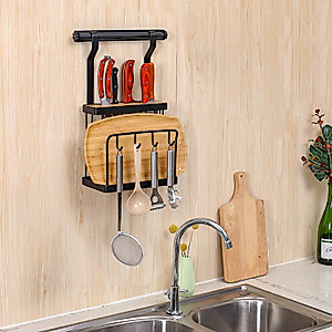 Eastore Life Hanging Knife Holder with 4 Hooks, Knife Block with Cutting Board Holder, Stainless Steel in Black Finish, Hanging Rod Included, Easy to Install