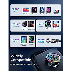 USB C Car Charger, 45W 4 Ports Super Fast Car Charger Adapter, PD3.0 & QC3.0 30W Type C Car Charger Compatible with iPhone 14 Pro Max/Pro/Samsung Galaxy 22/Google Pixel, Cigarette Lighter USB Charger