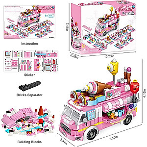 Girls Building Blocks Toys 553 Pieces Ice Cream Truck Set Toys for Girls 25 Models Pink Building Bricks Toys STEM Toys Construction Play Set for Kids Best Gifts for Girls Age 6-12 and Up