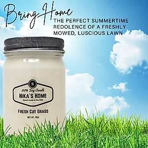 Nika's Home Fresh Cut Grass Soy Candle - 12oz Mason Jar - Non-Toxic Soy Candle-Hand Poured Candle- Handmade, Long Burning Candle-Highly Scented Candle-All Natural, Clean Burning Candle