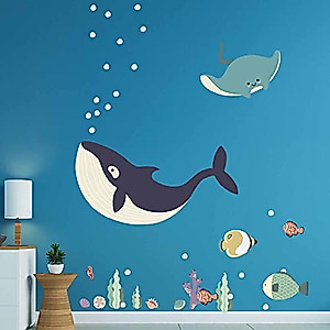 Ocean Fish Wall Decals Peel and Stick 39" Large Whale Wall Decal Under The Sea Wall Stickers for Kids Bedroom Ocean Decal Stickers for Baby Girl Boy Room Decor Undersea Fish Decor Wallpaper Stickers Mural Wall Art for Nursery Underwater Fish Decal