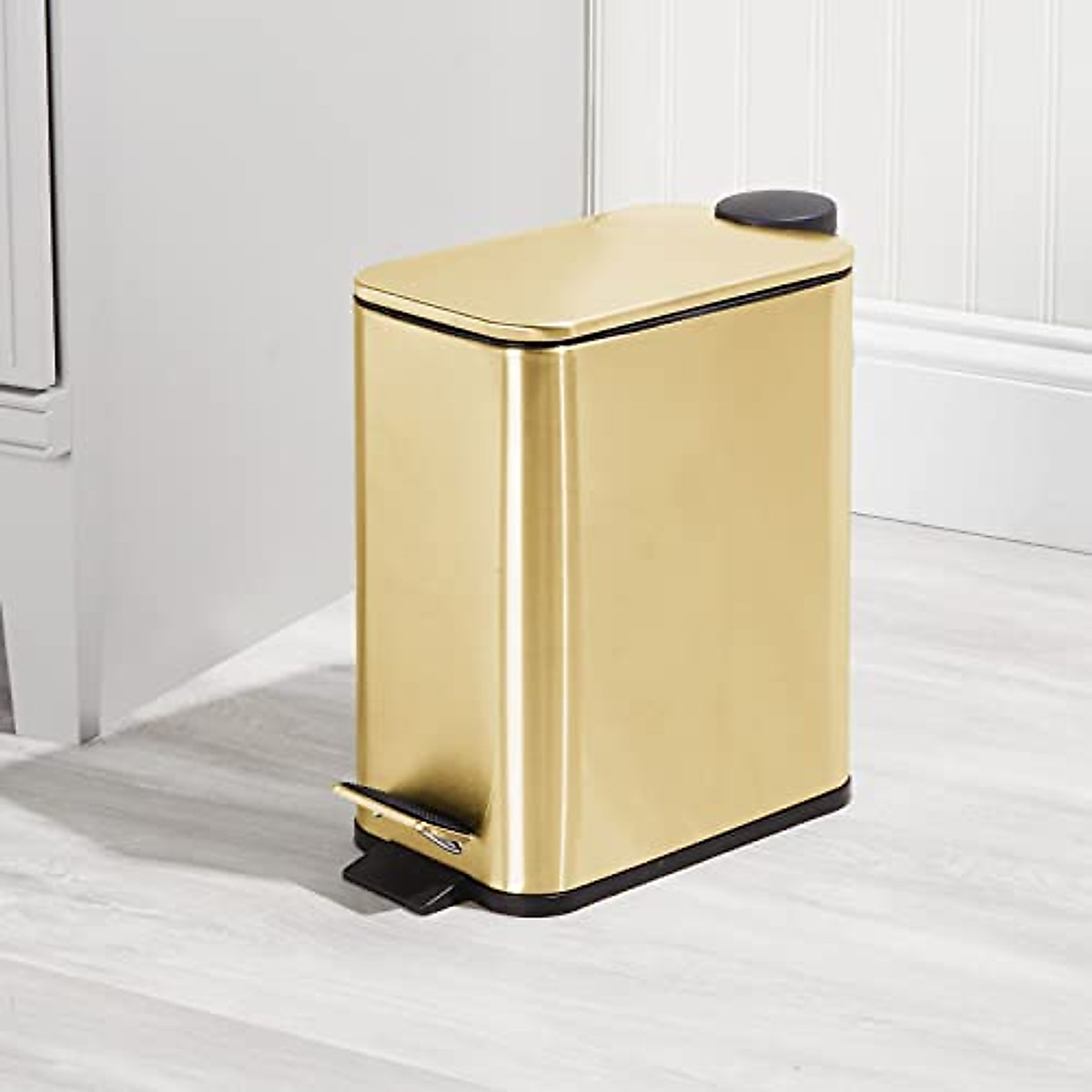 mDesign Slim Metal Rectangle 1.3 Gallon Trash Can with Step Pedal, Easy-Close Lid, Removable Liner - Narrow Wastebasket Garbage Container Bin for Bathroom, Bedroom, Kitchen, Office - Soft Brass