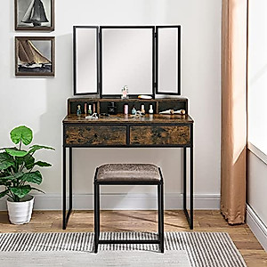 JESONVID Vanity Table with Upholstered Stool Set Makeup Dressing Table Desk with Tri-Fold Mirror 2 Drawers and Industrial Style Padded Stool for Bedroom Dressing Room 21304RC