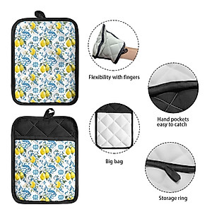 Jndtueit Lemon Non Slip Heat Resistant Hot Pot Holder 2Set, Yellow Fruit Quilted Liner 9.6*7.4 Inches with Hanging Loop with Pocket, Blue Leaf Potholder for Cooking & Baking