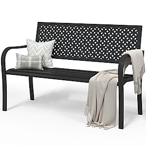 Wanmwill Outdoor Benche, All-Weather Garden Bench, Cast Iron Metal Frame Patio Bench with Floral Pattern Backrest and Armrests for Porch, Lawn, Garden, Yard, Fit 2-3 People Comfortably（Star Black）