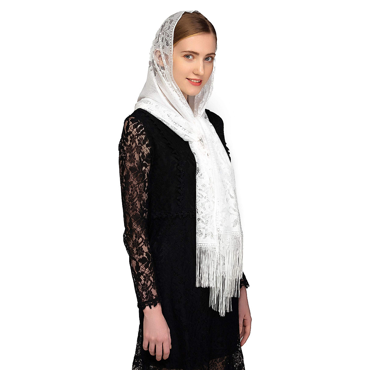 PAMOR Chapel Veil Scarf Mantilla Veils Rectangular Wrap Shawl Mass Head Covering with Fringe Trim (White)