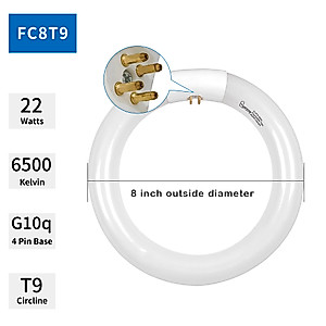 FC8T9 22W and FC12T9 32W Circular Light Bulb, Daylight 6500K Set, Round Repalement Bulbs, 8 Inch 22 Watts and 12 Inch 32 Watts Circline Kitchen and Bath Fluorescent Lamp, G10q 4 Pin Base, 2 Pack