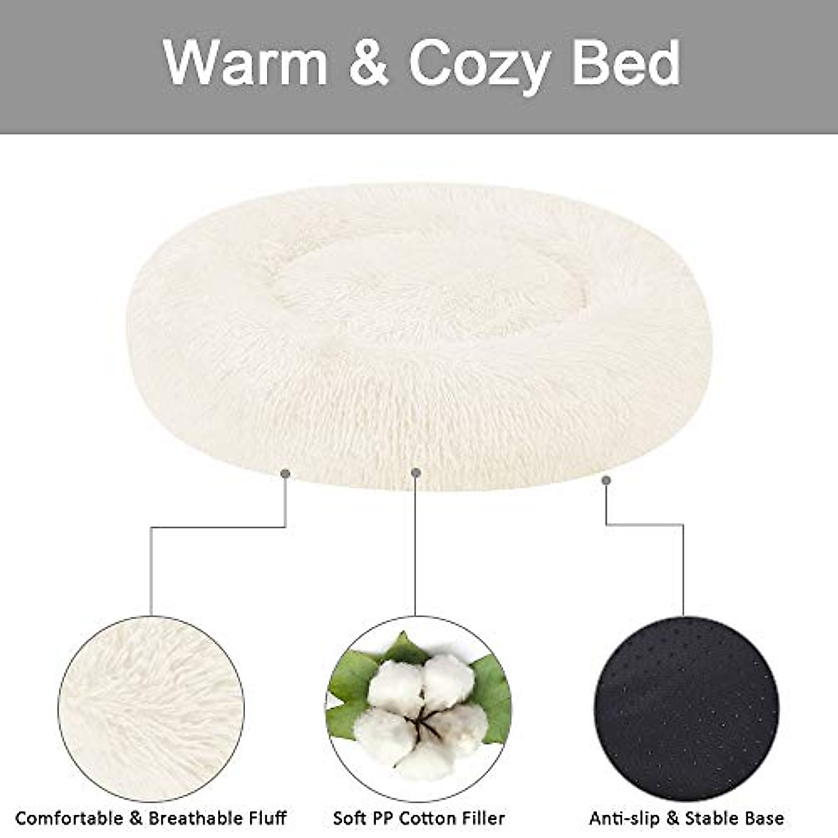 Round Cat Bed Donut Dog Bed, Washable Cuddler Pet Cushion Faux Shag Fur Cat Cot with Bolster and Anti-Slip Base, Self-Warming Plush Cat Den for Kitten, Puppies, Small Medium Size Below 20 Lbs White