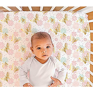 The Peanutshell Crib Sheet Set for Baby Girls | Pink and Gold Butterfly & Pink Ditsy Floral | 2 Pack Set