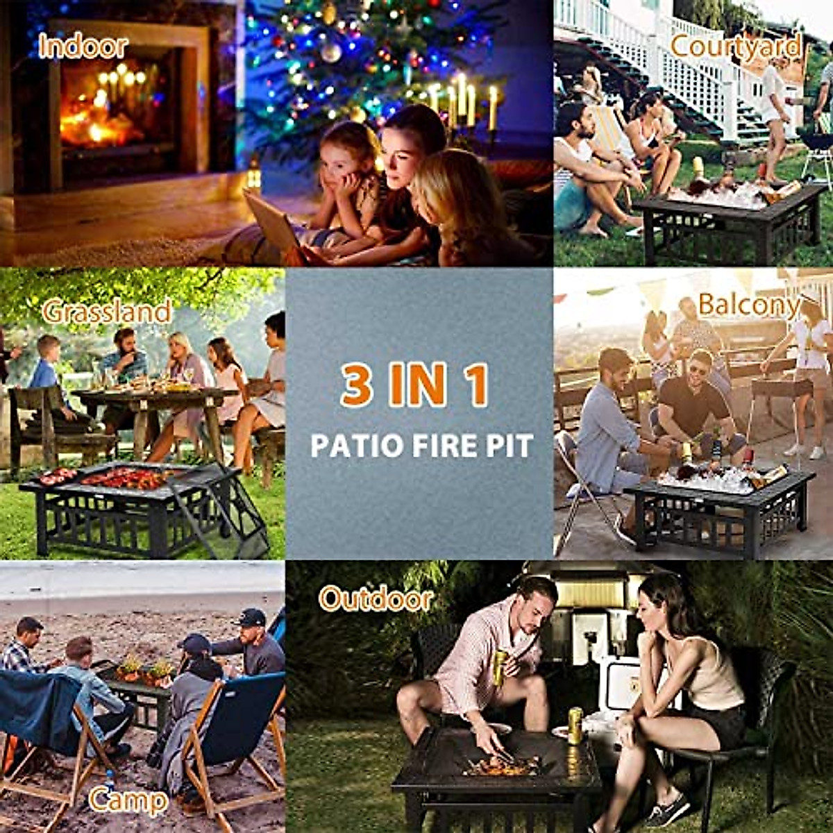 32in Firepit with Spark Screen,Square Firepit with Waterproof Cover, Poker,3 in 1 Patio Firepit Table BBQ Garden Stove for Outside Wood Burning and Drink Cooling
