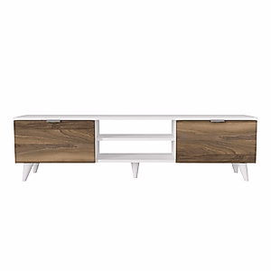 DORPEK Tealo Tv Stand White - Walnut, Tv Cabinet for TVs up to 65", Tv Bench with 2 Drawers and 2 Open Shelves, Tv Storage Unit for Living Room and Bedroom