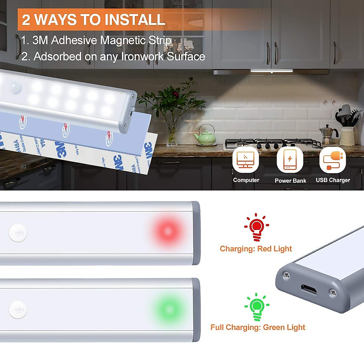 PRIORARE Under Cabinet Lighting Battery Operated Motion Sensor Closet Lights, Wireless Under Counter Lights with 20 LEDs for Kitchen/Cupboard/Stair/Drawer/Refrigerator (3 Packs)…