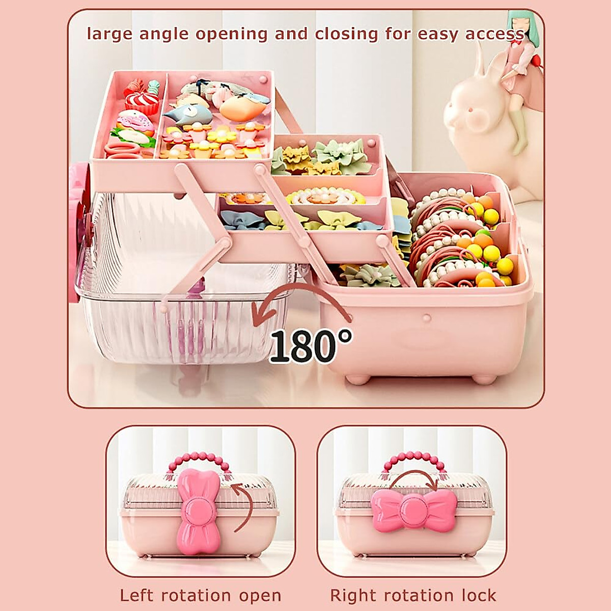 GKWW Girls Hair Accessories Storage Box Bow Switch Organizer Box Jewelry Box, Plastic Hair Ties Holder Hair Clips Container Headbands Organizer Gift for Baby Girls Multipurpose Organizer and Portable