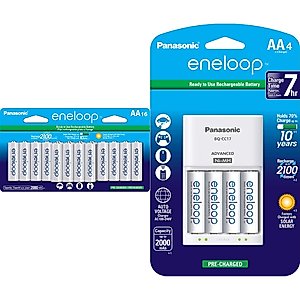 Eneloop Panasonic BK-3MCCA16FA AA 2100 Cycle Ni-MH Pre-Charged Rechargeable Batteries & K-KJ17MCA4BA Advanced Individual Cell Battery Charger Pack with 4 AA 2100 Cycle Rechargeable Batteries