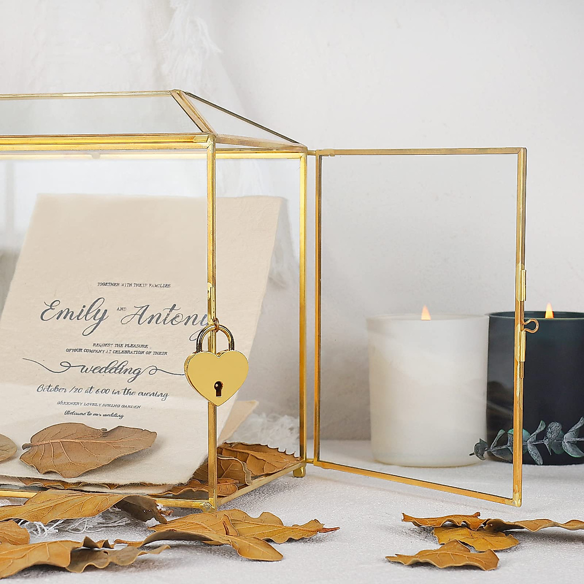 REDHUGO 10.2x5.9x7.9 in Medium Glass Card Box Handmade with Slot and Lock, Wedding Card Boxes for Reception, Graduation, Gift Cards, Party, Brass Geometric Terrarium, Golden Decorative Box