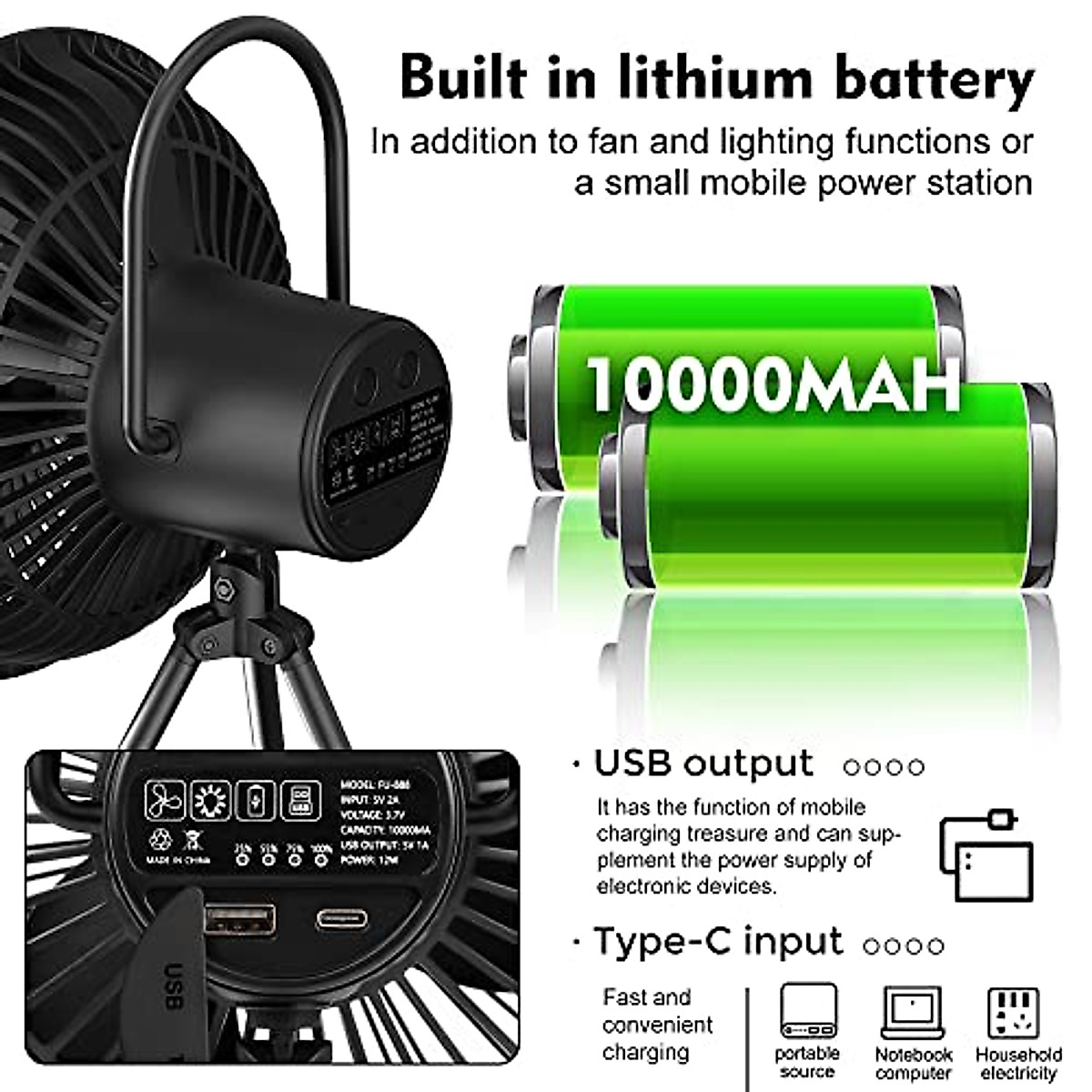 PINSAI Camping Fan, Tent Fans for camping with lights,Portable Camping Fan with LED Lantern, USB Desk Fan with Hanging Hook for Tent,Car