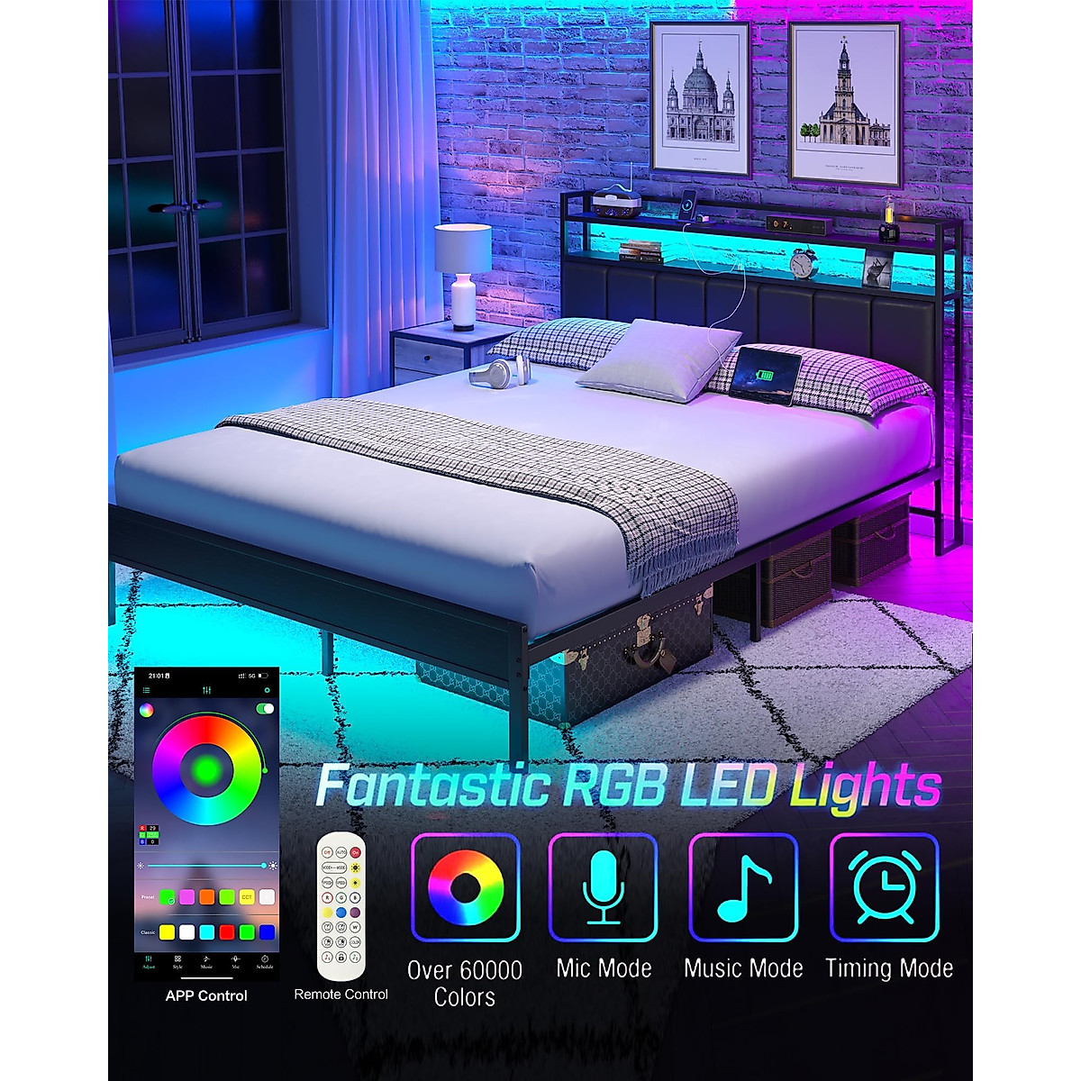 CollaredEagle Full Size Bed Frame with Headboard, Metal Bed Frame with Charging Station and LED Lights, Heavy Duty Bed with Storage Shelves,Noise Free(Black)