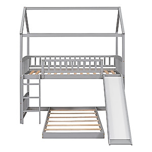 LZ LEISURE ZONE Bunk Bed with Slide, Wood Twin Over Twin Bunk Bed Frame, Twin Size House Bunk Bed, Bedroom Furniture for Kids/Teens/Aldults, No Box Spring Needed, Gray