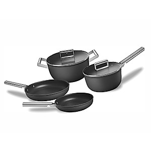 SMEG 6PC Cookware Set, Black 9.5" Fry Pan 11" Fry Pan 3qt Sauce Pan 5 Qt Casserole CKFB06BLMUS Made in Italy