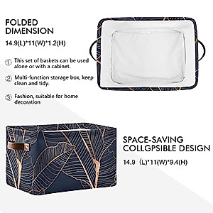 Large Foldable Storage Bin Gold Palm Leaves Navy Blue Fabric Storage Baskets Collapsible Decorative Baskets Organizing Basket Bin with PU Handles for Shelves Home Closet Bedroom Living Room-1Pack