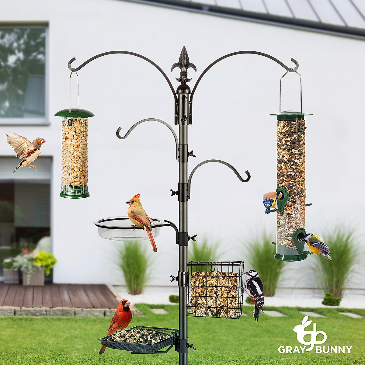 4 Hooks Bird Feeder Pole, 91 Inches Tall Bird Feeder Poles for Outdoors Heavy Duty, Multi Bird Feeder Stand with Bird Bath, Mesh Tray & Suet Cage, 5 Prong Base Bird Feeding Station for Outside