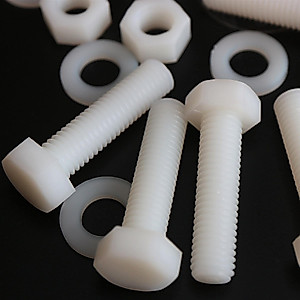 20 x Natural Colour Nylon, Hex Head, M10 x 40mm, Plastic Nuts and Bolts, Washers, Hexagon, Nylon, (25/64 x 1 37/64 in)