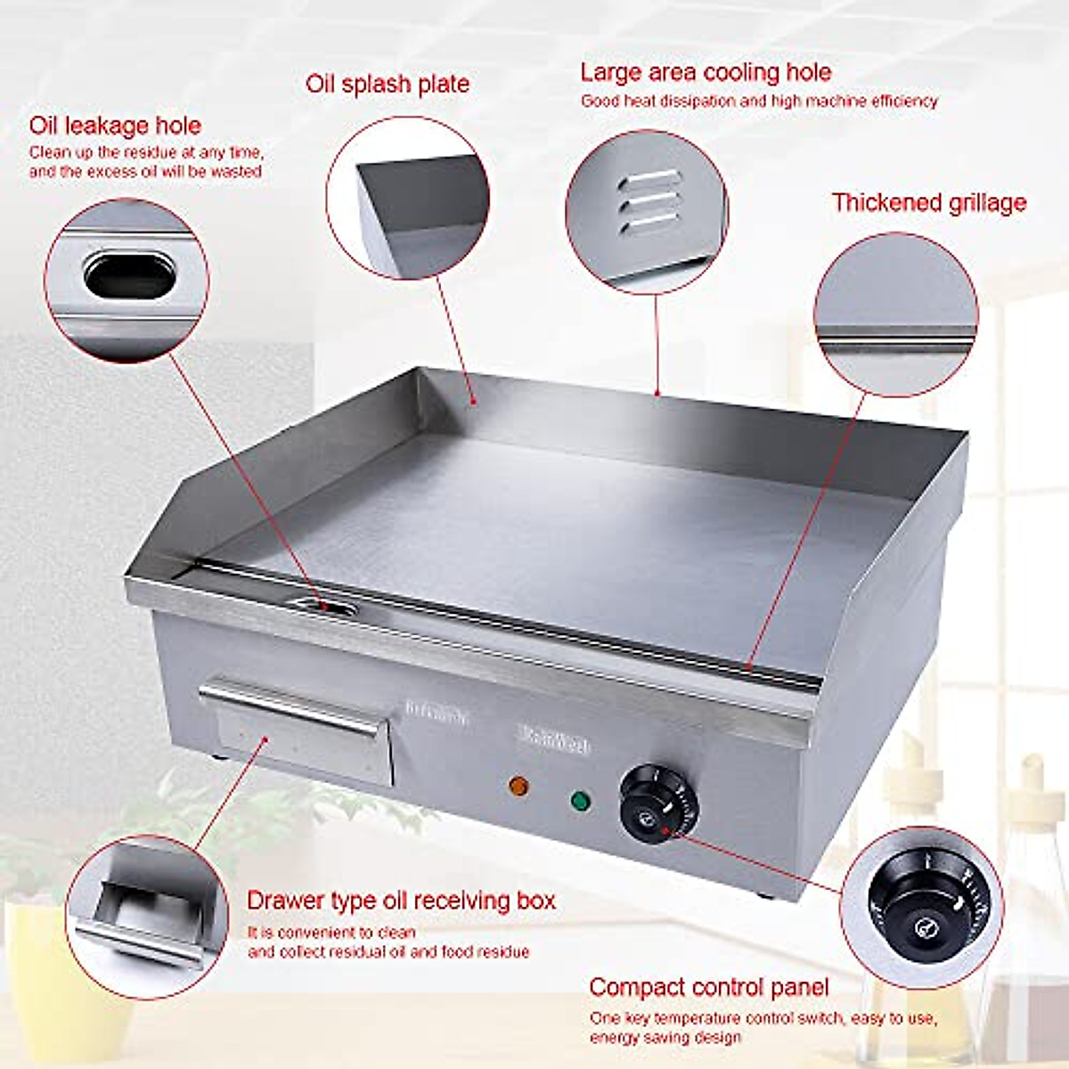 Commercial Electric Griddle, Flat Top Grill Hot Plate Stainless Steel Restaurant Grill Adjustable Thermostatic for Home Restaurant Kitchen BBQ Teppanyaki (110v, 3000W) (3000W)
