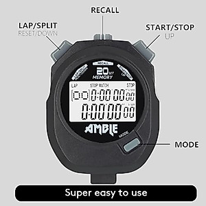 Stopwatch, Amble Countdown Timer and Stopwatch Record 20 Memories Lap Split Time with Tally Counter and Calendar Clock with Alarm for Sports Coaches and Referees