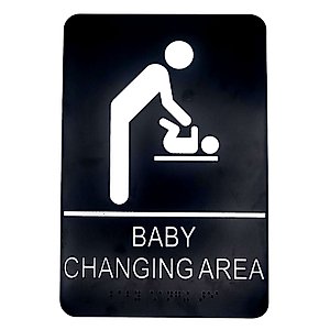 Kraken Sign Co. - Baby Changing Area Sign - ADA Compatible - Braille Sign - White Lettering and Graphic on Black Background - 9" x 6" - Self Adhesive Included