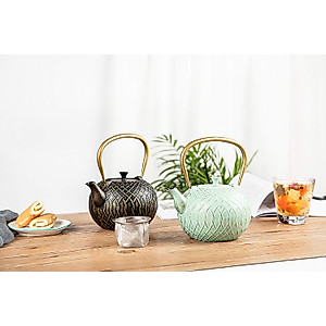 Tea Kettle, Toptier Japanese Cast Iron Tea Kettle for Stove Top, Stovetop Safe Teapot with Infusers for Loose Tea, 34 Ounce (1000 ml), Turquoise Melody