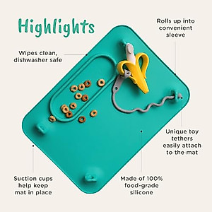 BUSY BABY Silicone Mat - Suction Cups, 4 Straps to Secure Baby Essentials, Self Feeding, Baby Led Weaning, Travel Sleeve Included (Spearmint)