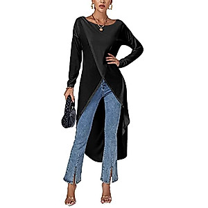 LYANER Women's High Low Long Sleeve Wrap Front Split Hem Long Shirt Blouse Tunic Top Solid Black Large