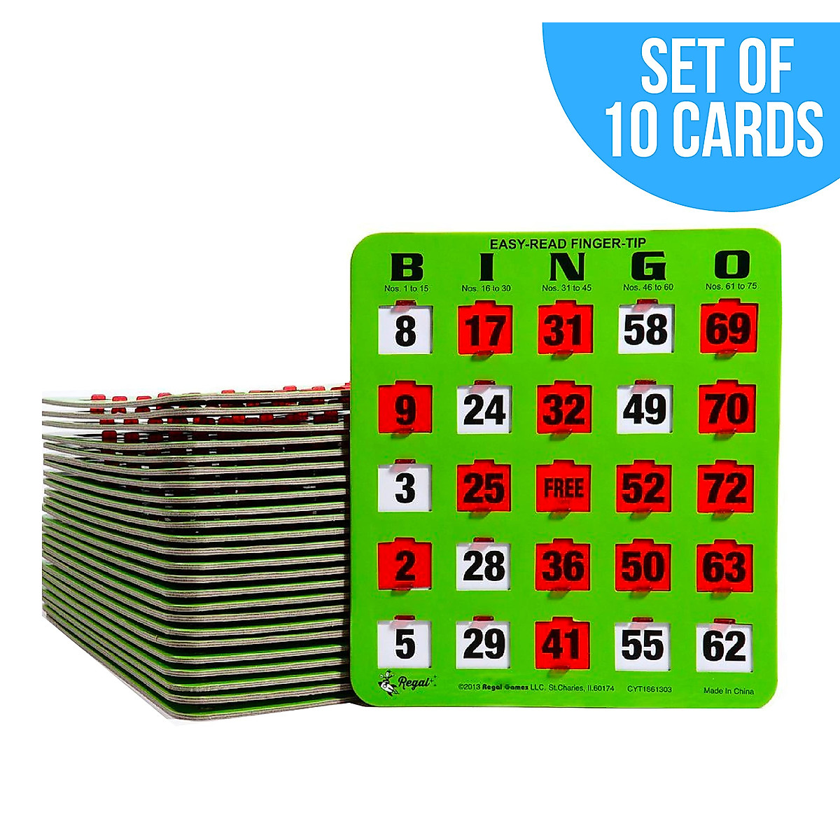 Regal Bingo Bulk Bingo Cards with Sliding Windows - Reusable Large Print Bingo Game Cards for Adults Large Group - 10 Pack, Green
