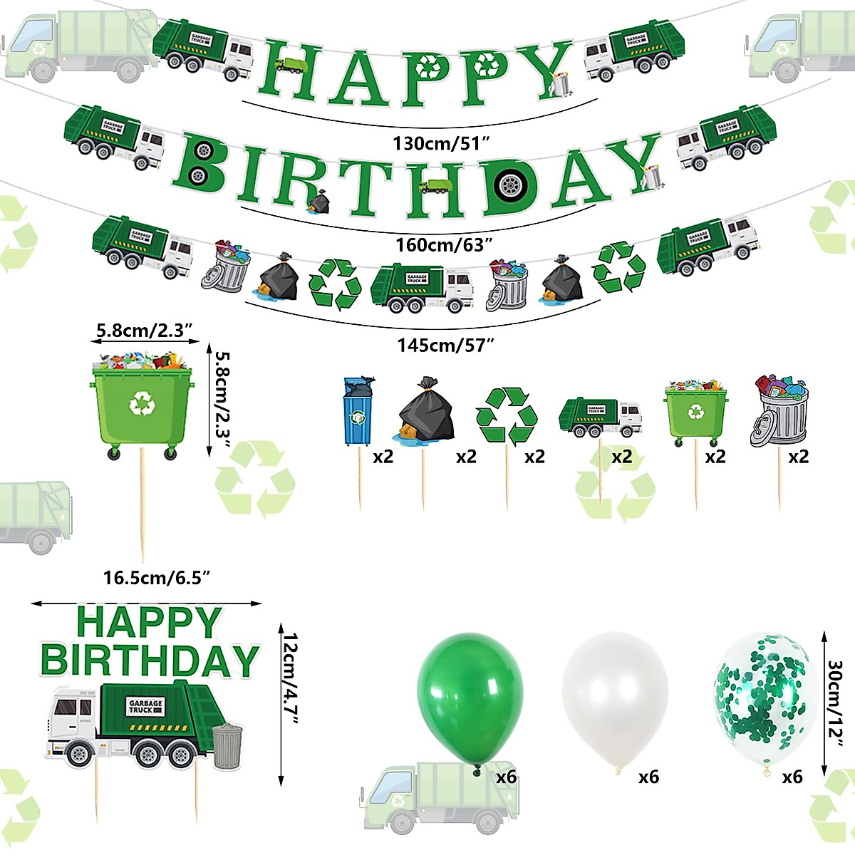 KEFAN Trash Truck Party Decorations, Garbage Truck Birthday Party Supplies with Happy Birthday Banner, latex Balloons, cupcake Toppers, for Kids Waste Management Recycling Birthday Party Decor