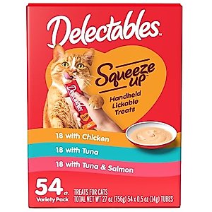 Delectables Squeeze Up Variety Pack, Creamy Squeezable Puree, Lickable Wet Cat Treats, Grain Free, No Added Fillers, No by-Products, No Added Preservatives, 0.5 Ounces Tube, 54 Tubes Total