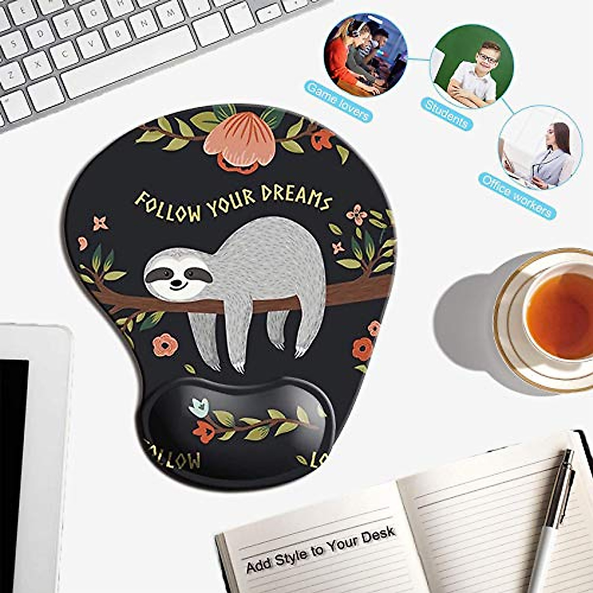 Ergonomic Mouse Pad with Wrist Support, Non Slip Mousepad with Lycra Cloth, Non-Slip PU Base Easy Typing Mouse Mat for Office, Computer, Laptop & Mac (Moon Baby Sloth)