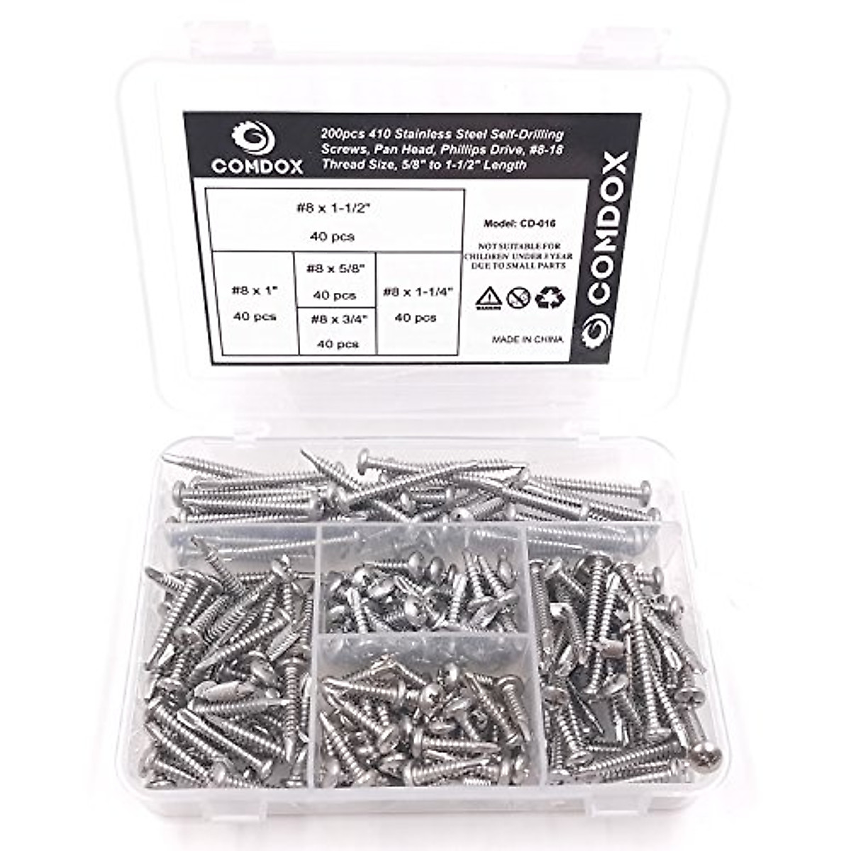 Comdox 410 Stainless Steel Self Drilling Screws Kit Set, Pan Head Phillips Sheet Metal Tek Screws Assortment Kit, Modified Truss Head, 8-18 Thread Size, 5/8" to 1-1/2" Length (Pack of 200)