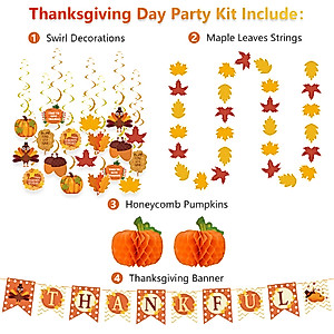 Dazonge Thanksgiving Decorations 40PCS, Pre-Assembled Thanksgiving Hanging Swirls, Thankful Banner, Fall Leaves String and Honeycomb Pumpkins for Indoor and Outdoor Thanksgiving Decor, Thanksgiving Decorations for Home