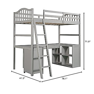 MegaChunk Twin Size Loft Bed with Drawers, Cabinet, Shelves and Desk, Wooden Loft Bed with Desk - Gray