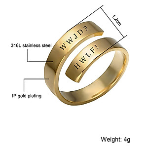 ForeverWill Stainless Steel 18K Gold Plated WWJD Ring for Women Men Adjustable What Would Jesus Do He Would Love Frist HWLF Christ Faith Reminder Wrap Cuff Ring Christian Anniversary Jewelry Gifts
