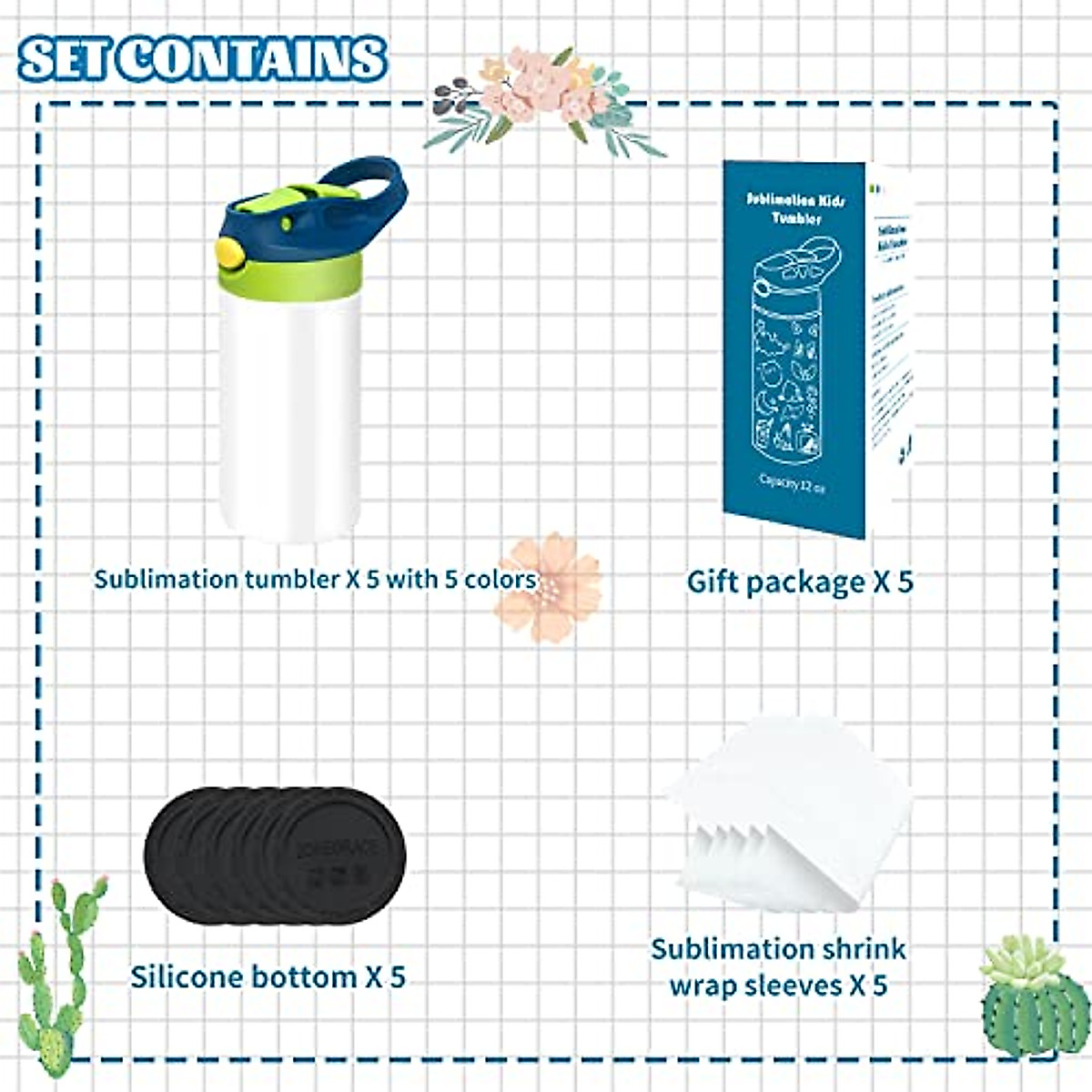 ZONEGRACE 12oz Sublimation Tumbler Bulk For Children,Toddlers,Heat Press For Print, Kids Sublimation Tumbler Cups With Handle, Straight Double Wall Kids Sublimation Water Bottle Blanks (5 Pack)