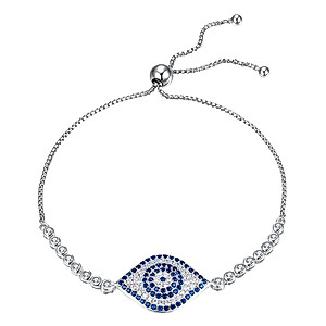 Kaletine Blue Evil Eye Tennis Bracelet Sterling Silver 925 Cubic Zirconia Adjustable Anchor Chain 10" Ball Clasp