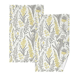 Jucciaco Vintage Yellow and Gray Flowers Towels for Bathroom Kitchen Spa Sports, Cotton Hand Towels Set of 2, 16x28 inch