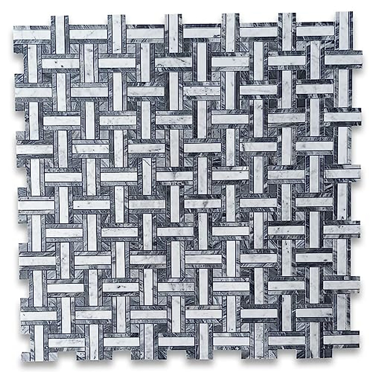 Stone Center Online Carrara White Marble 1 inch Twine Basketweave Mosaic Tile w/Bardiglio Gray Honed Kitchen Bath Wall Floor Backsplash Shower (1 Sheet)