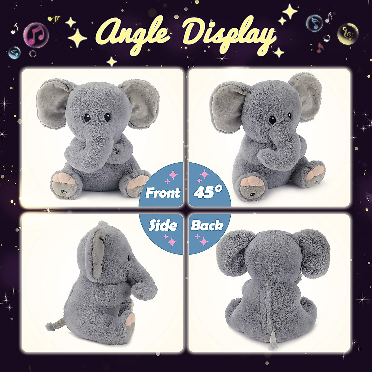 Hopearl LED Musical Stuffed Elephant Lighting Up Singing Plush Toy Adjustable Volume Lullaby Animated Soothe Birthday Festival for Kids Toddler Girls, Gray, 11''