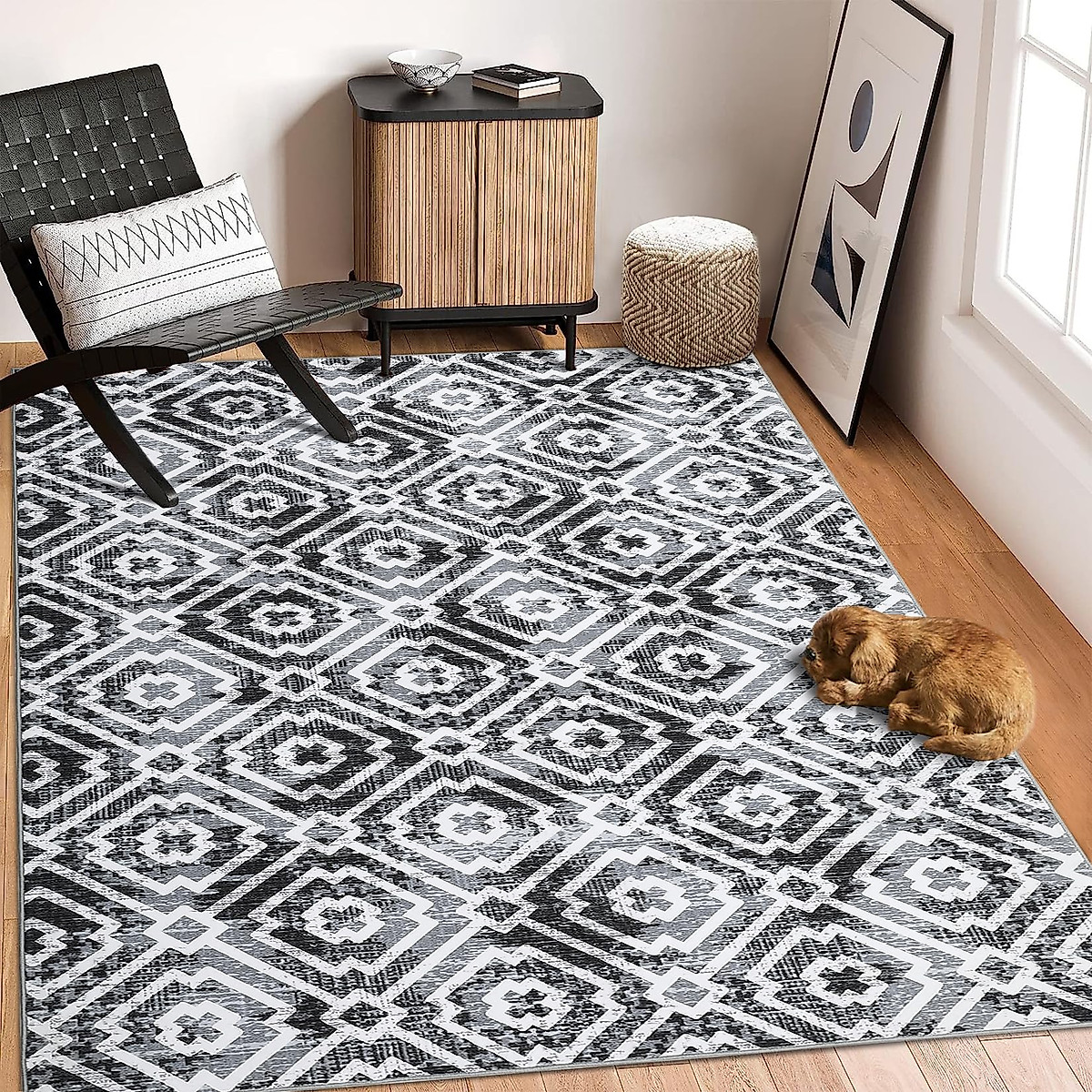 IMINROME Machine Washable 9x12 Area Rug Modern Large Rug Grey Modern Geometric Bedroom Living Room Throw Rug Non-Slip Distressed Dining Room Nursery Mat Non-Shedding Floor Accent Carpet