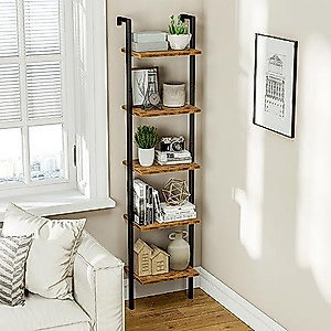 NUMENN Industrial Ladder Shelf, 5 Tier Book Shelf, Open Space Wall Mount Bookshelf with Metal Frame, Sturdy Book Shelves, Bookcase for Living Room, Home Office Shelf, Vintage Brown