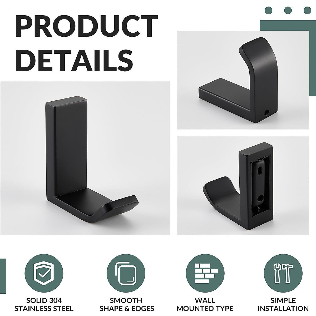 APLusee 2 Pack Bath Robe Hook, 304 Stainless Steel L Shape Coat Holder, Bathroom Home Accessories Matte Black