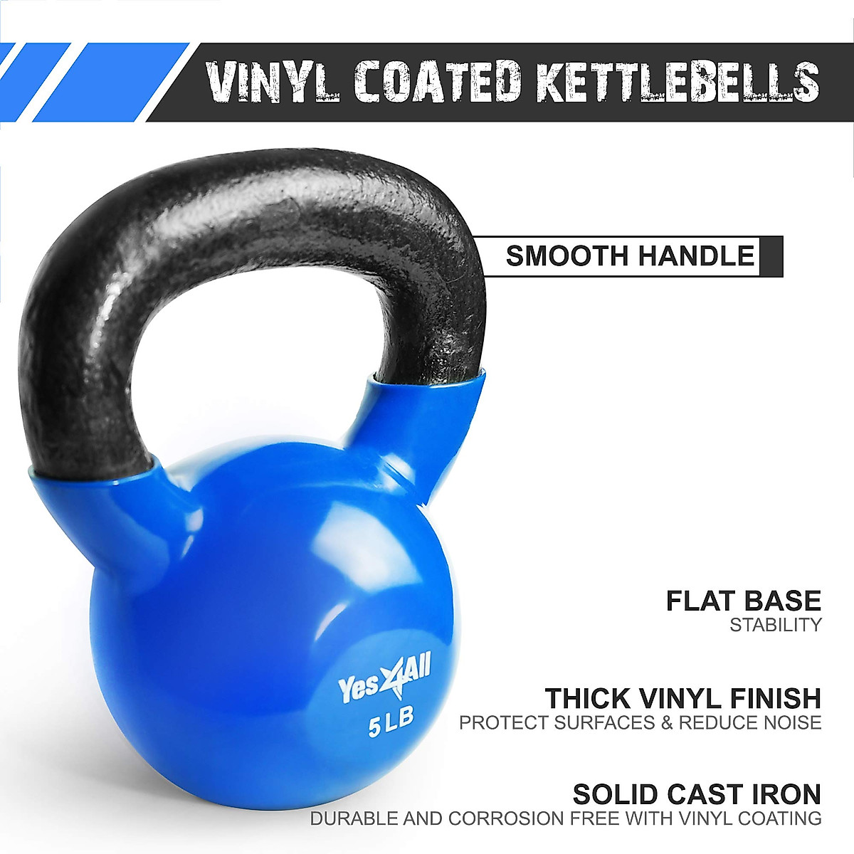 Yes4All Kettlebells 5 10 15 lbs Set Weight Vinyl Coated Cast Iron for Dumbbell Weights Exercises, Gym, Fitness, Full Body Workout Equipment Push up, Grip and Strength Training, Blue