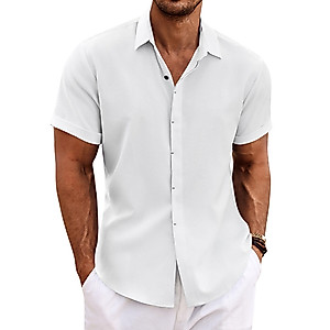 COOFANDY Men's Summer Linen Shirt - Short Sleeve, Casual Button Down, Beach Wedding - White